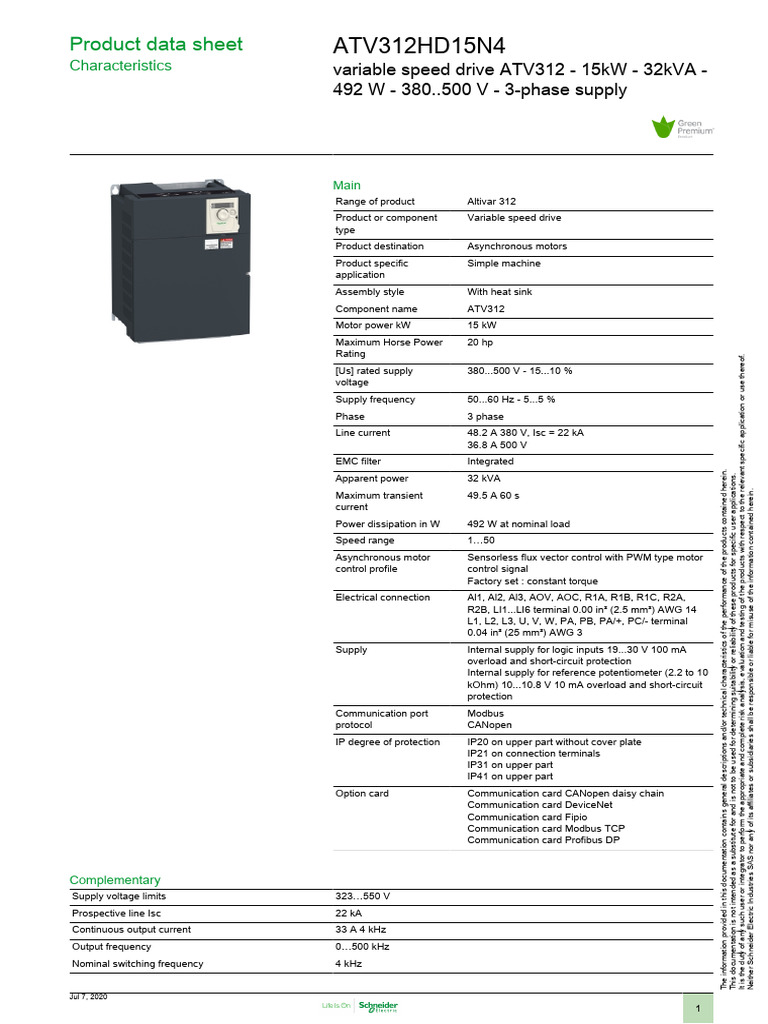 Altivar 312 ATV312HD15N4 Document | PDF | Electric Motor | Electric ...