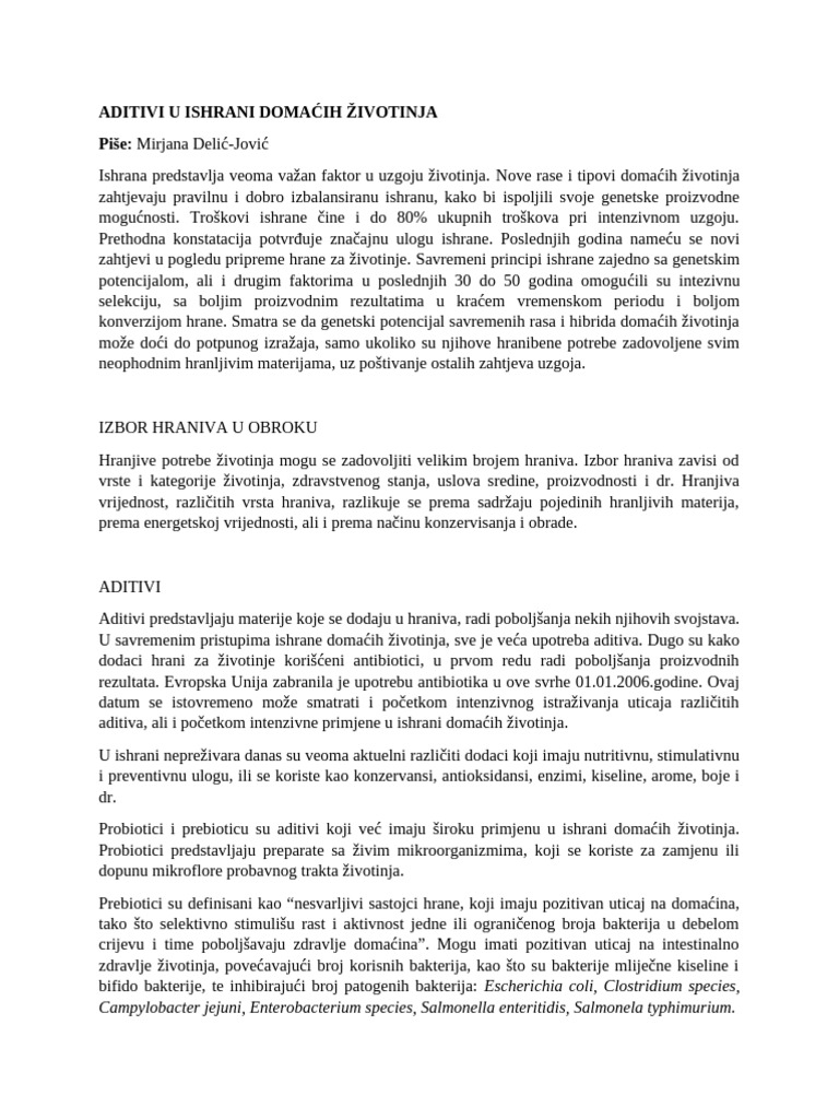 ADITIVI U ISHRANI DOMAĆIH ŽIVOTINJA Delić Jović | PDF