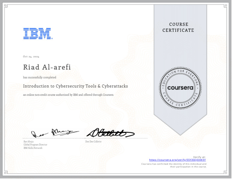 IBM Certificate Introduction To Cybersecurity Tools & Cyberattacks | PDF