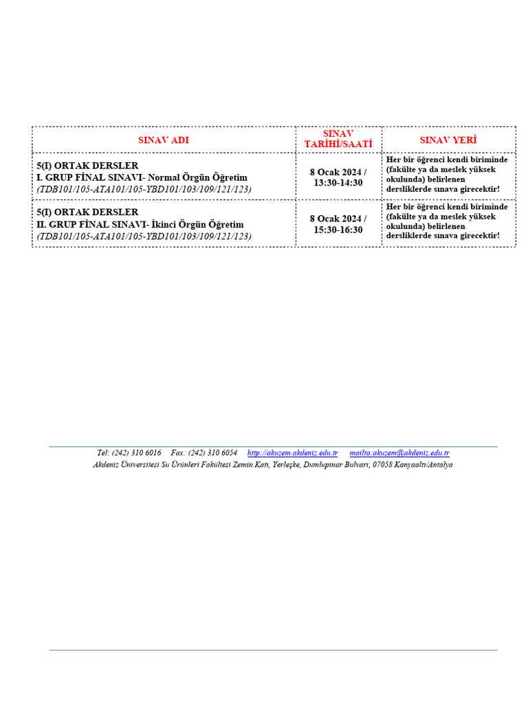 5 (I) ORTAK DERSLER - FİNAL SINAVI DUYURUSU Word | PDF