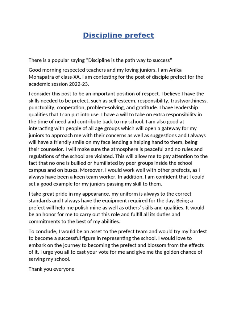 Discipline Prefect Speech | PDF