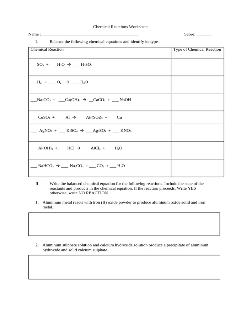 Chemical Reactions Balancing Worksheet | PDF