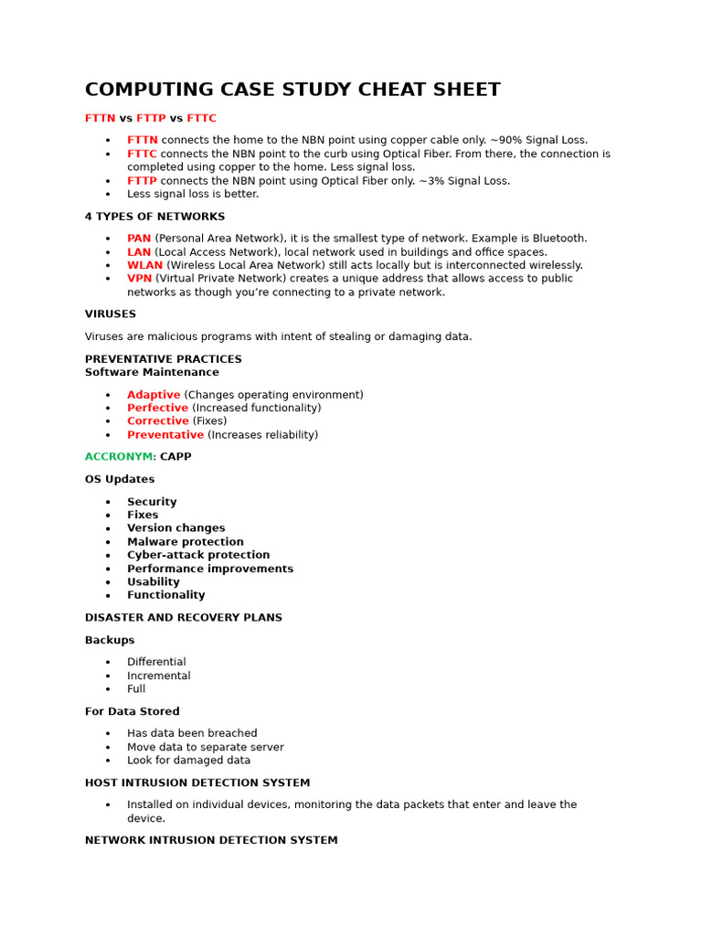 Computing Case Study Cheat Sheet | PDF | Computer Network | Fiber To The X