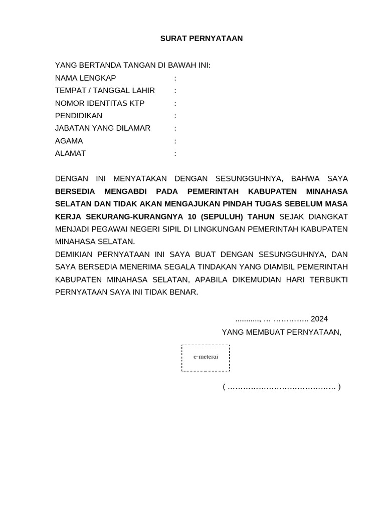 Contoh Surat Pernyataan Bersedia Mengabdi Dan Tidak Mengajukan Pindah | PDF