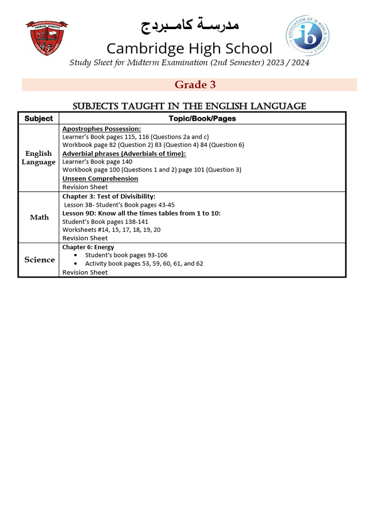 Grade 3 Study-Sheet | PDF