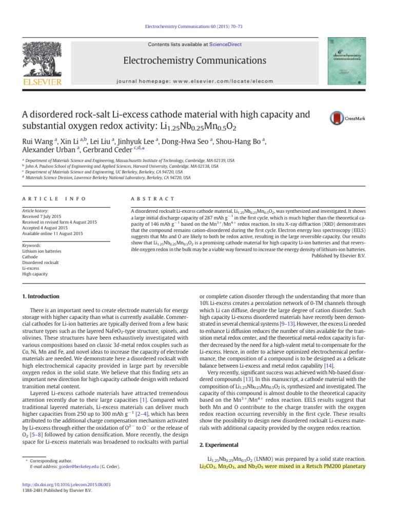 2015 Wang - A Disordered Rock-Salt Li-Excess Cathode Material With High Capacity and Substantial ...
