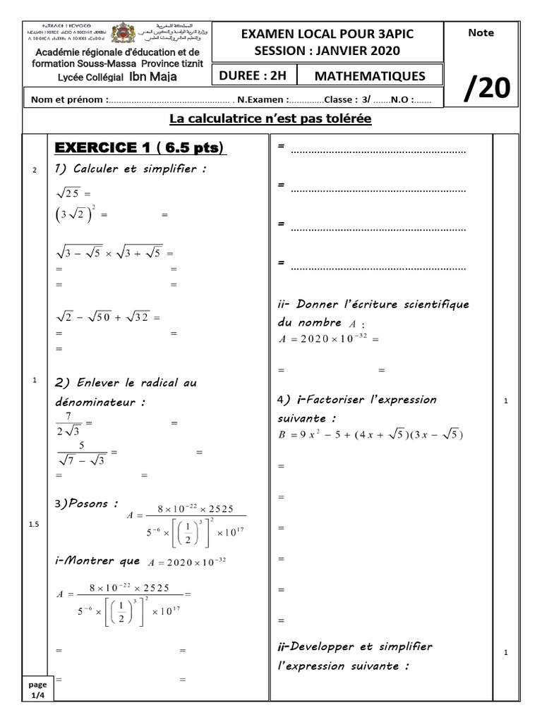Examen Local Mathématiques 3AC 2020 | PDF | Géométrie euclidienne ...