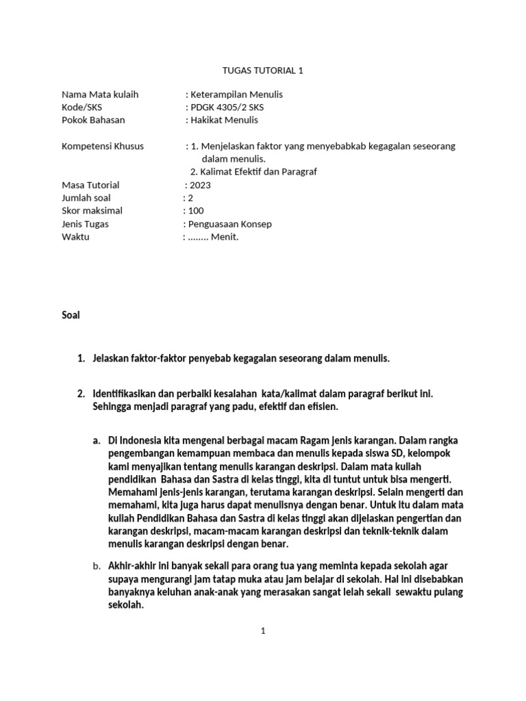 Soal TT 1 Ketr Menulis | PDF | Seni & Disiplin Bahasa