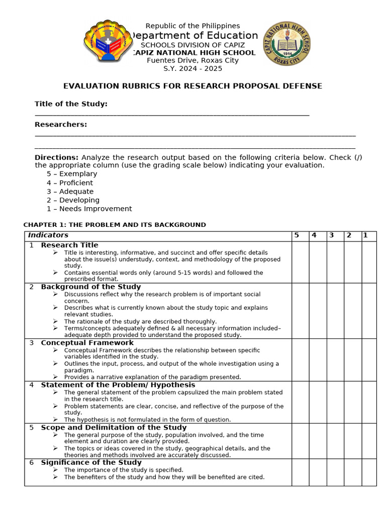 Research Proposal Defense Rubrics 1 | PDF | Methodology | Hypothesis