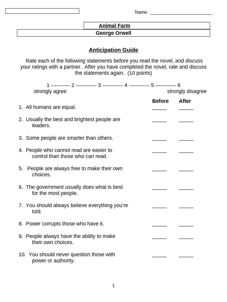 Anticipation Guide and Study Guide Animal Farm 2010 | PDF