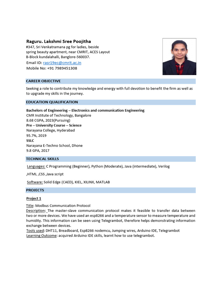 1cr19ec143 - Raguru Lakshmi Sree Poojitha - Resume | PDF | Computer Engineering | Computing