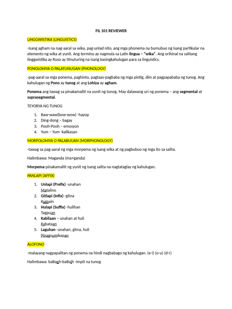 Fil 101 Reviewer | PDF