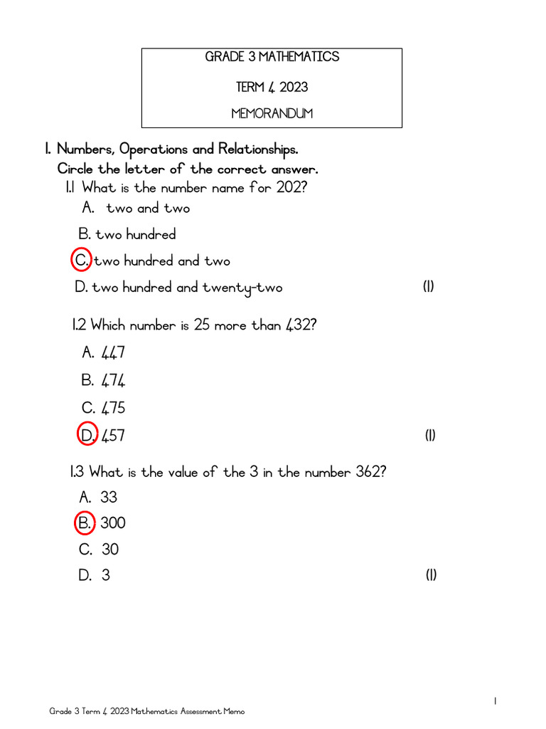 archGRADE 3 Term 4 2023 Mathematics Assessment Memo | PDF archGRADE 3 Term 4 2023 Mathematics Assessment Memo | PDF