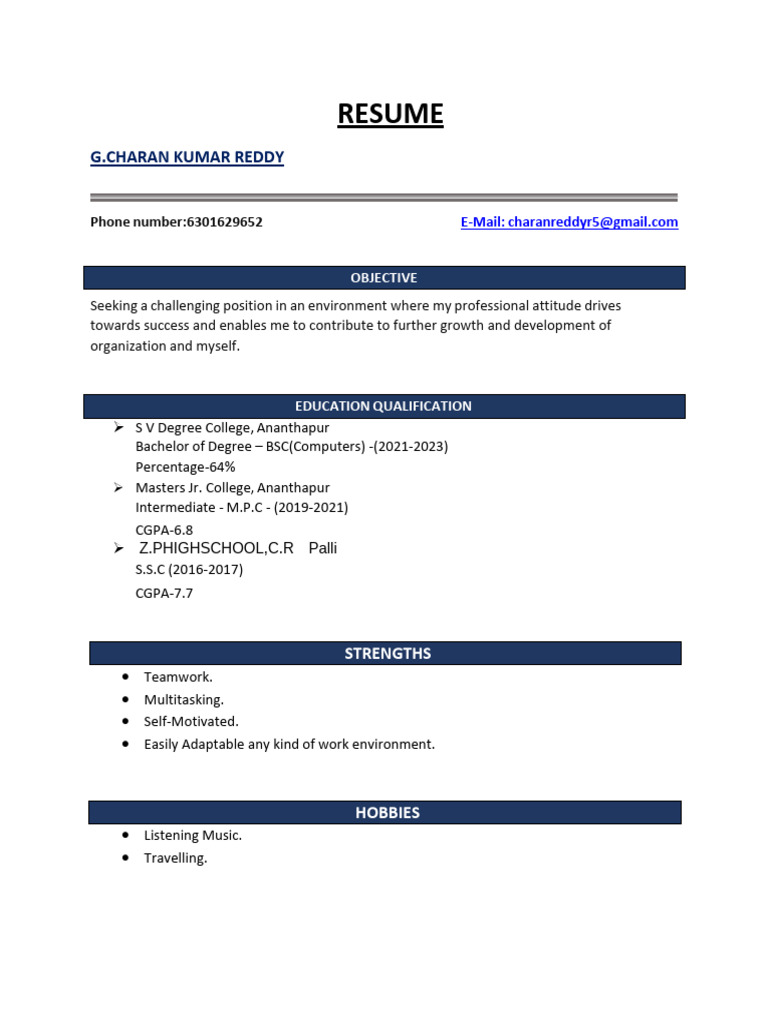 Resume: G.Charan Kumar Reddy | PDF | Wellness