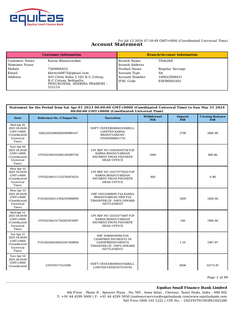 Equitas Bank Account Statement 2023-2024 | PDF | Banking | Finance ...