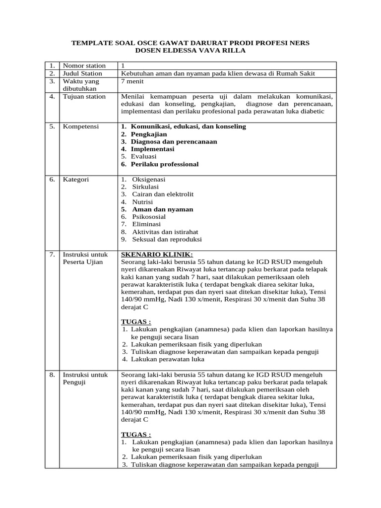 Template Soal Osce Gawat Darurat Ners Ev Rilla | PDF