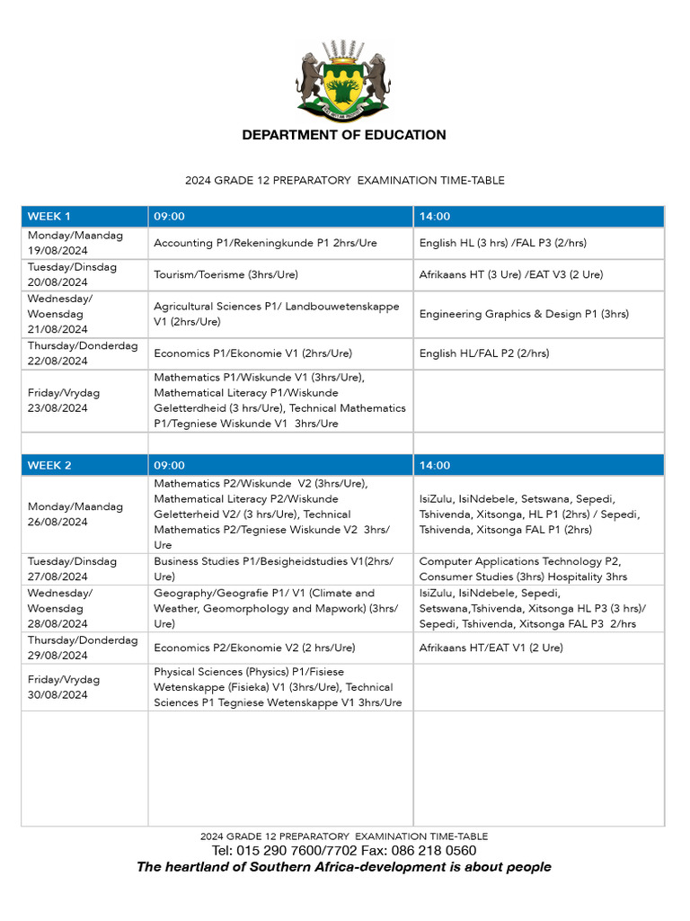 Limpopo 2024 Prelim Exam Timetable Grade 12 Preparatory Examination ...