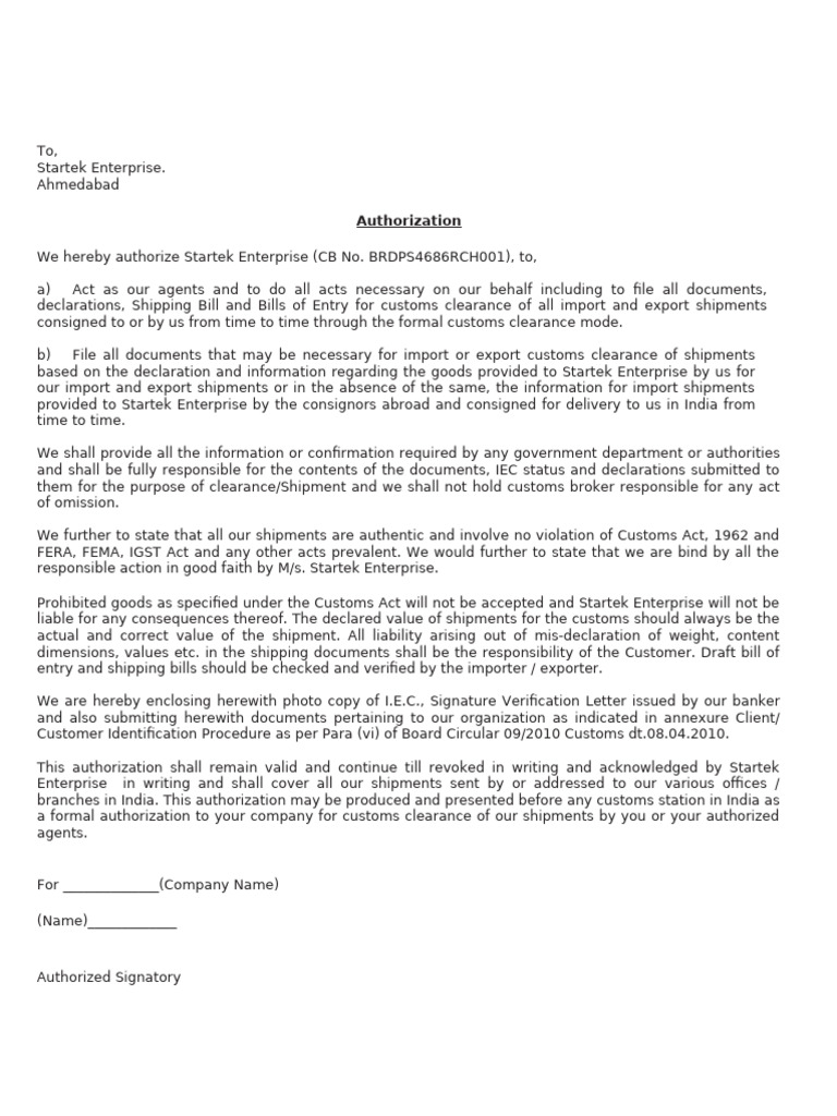 Customs Clearance Authorization Letter | PDF | Customs