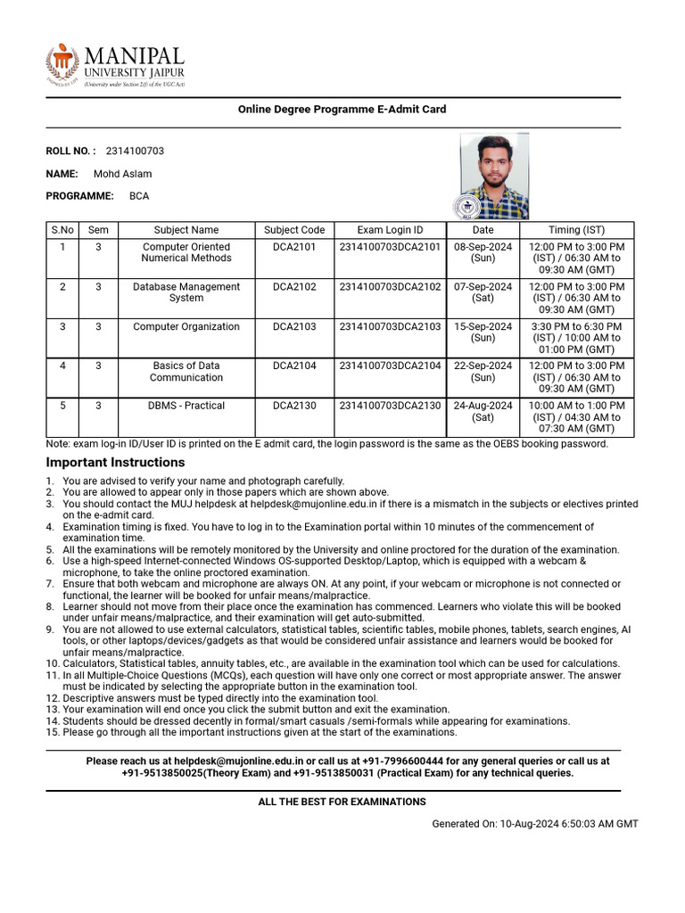 BCA Online Exam E-Admit Card 2024 | PDF | Databases | Computing