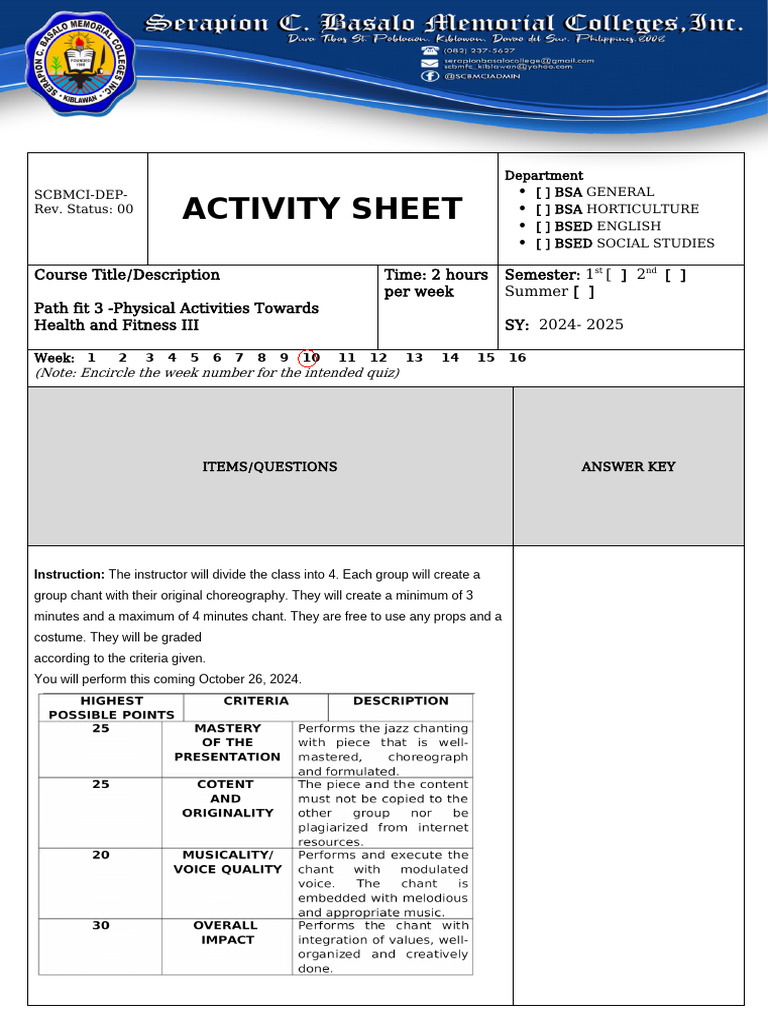 PATHFIT QUIZ SHEET Week 11 | PDF
