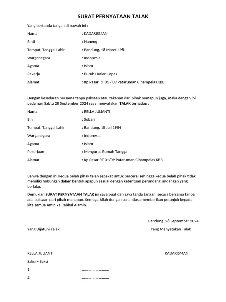 Surat Talak Kadarisman & Rella | PDF