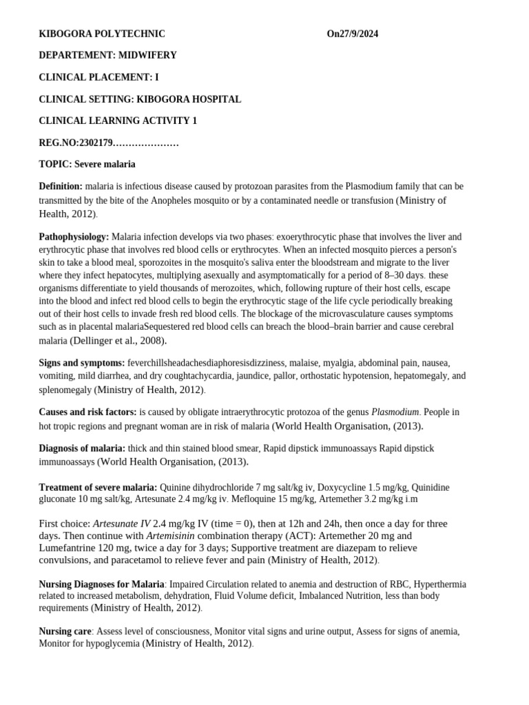 Learning Activity, KIBOGORA L2TH1 | PDF | Malaria | Clinical Medicine