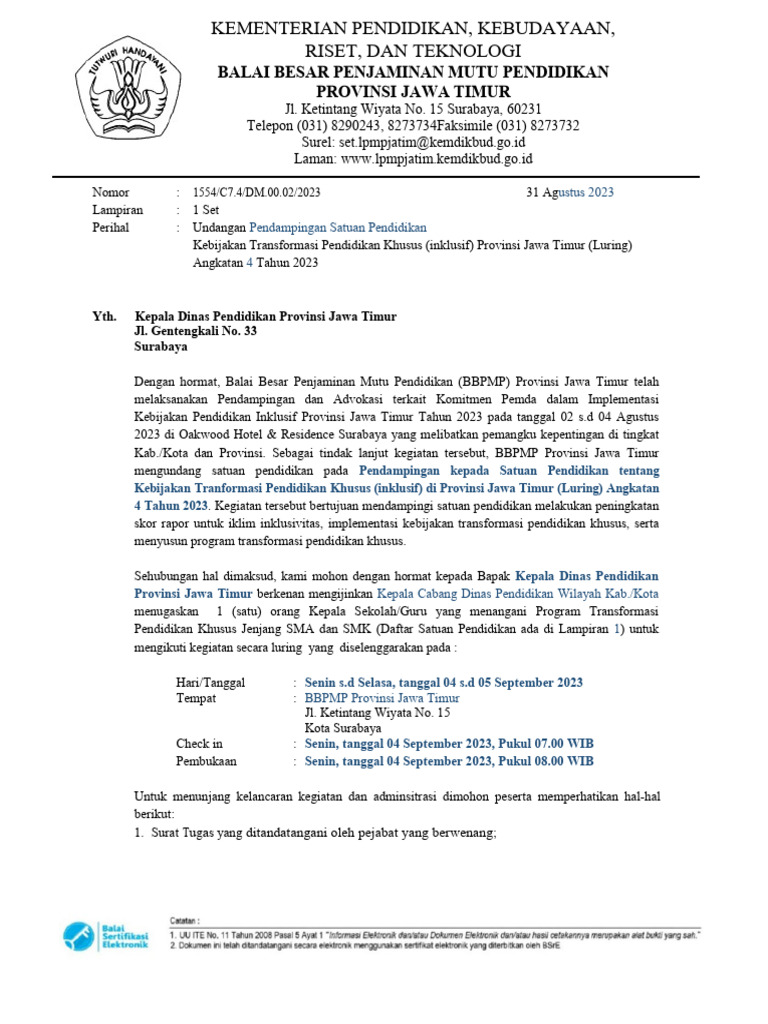 Undangan Pendampingan Transformasi Program Pendidikan Khusus (Luring) Ang 4 - Dinprov | PDF