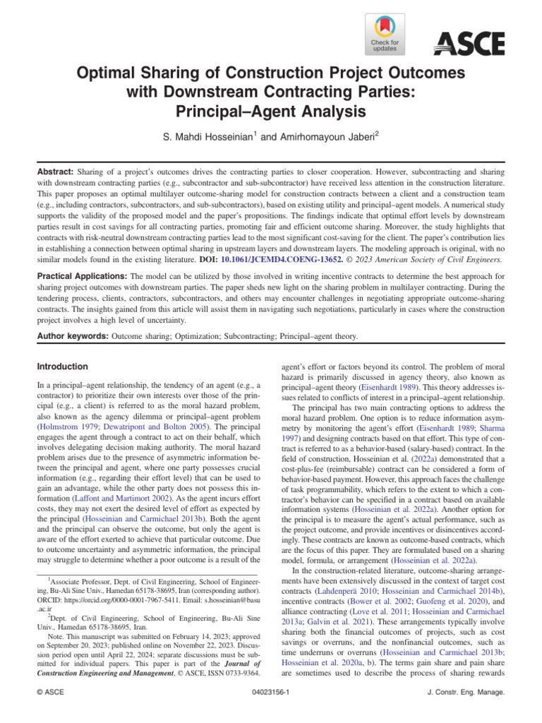 Hosseinian Jaberi 2023, Optimal Sharing of Construction Project Outcomes With Downstream ...