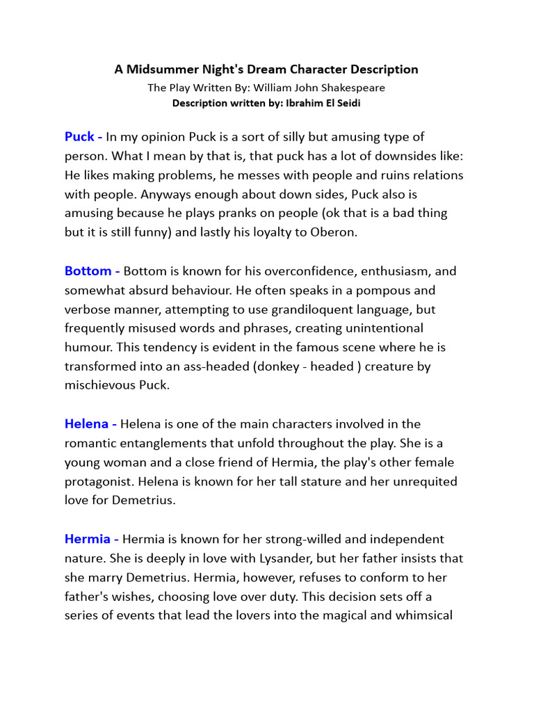 A Midsummer Nights Dream Character Description | PDF