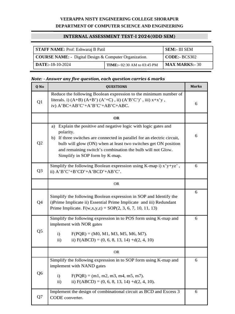 DDCO Ist IA III sem 2024 | PDF | Boolean Algebra | Teaching Mathematics