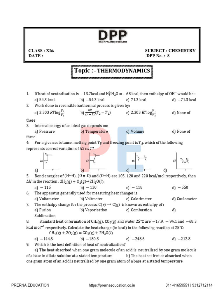 Chemistry Enthalpy (Thermodynamic Reactions) Worksheet | PDF | Physical ...
