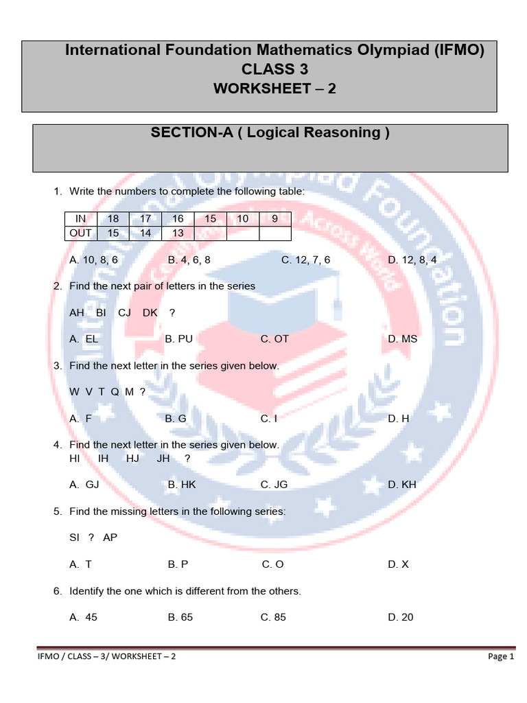 IFMO Class 3 Worksheet 2 | PDF | Foods