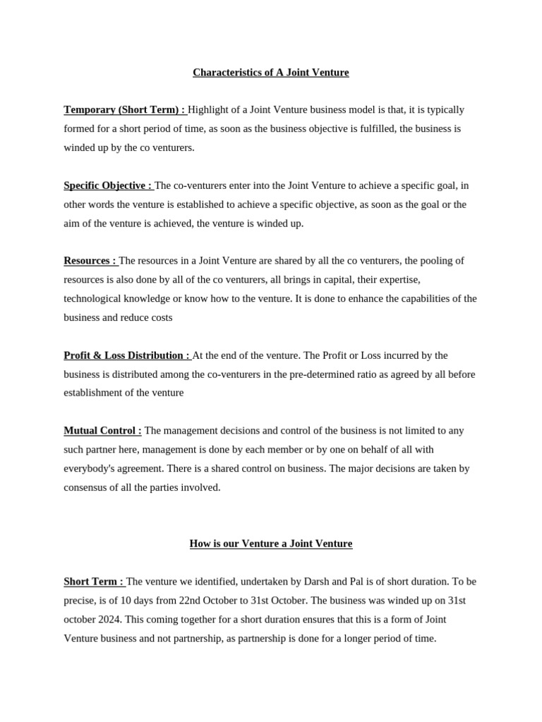 Characteristics of a Joint Venture | PDF | Partnership | Joint Venture