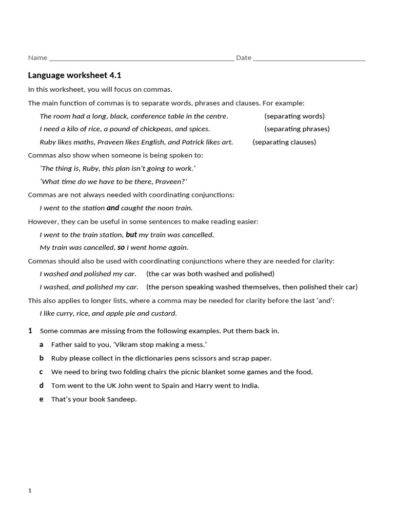 Commas for Clarity Worksheet | PDF | Comma | Linguistics