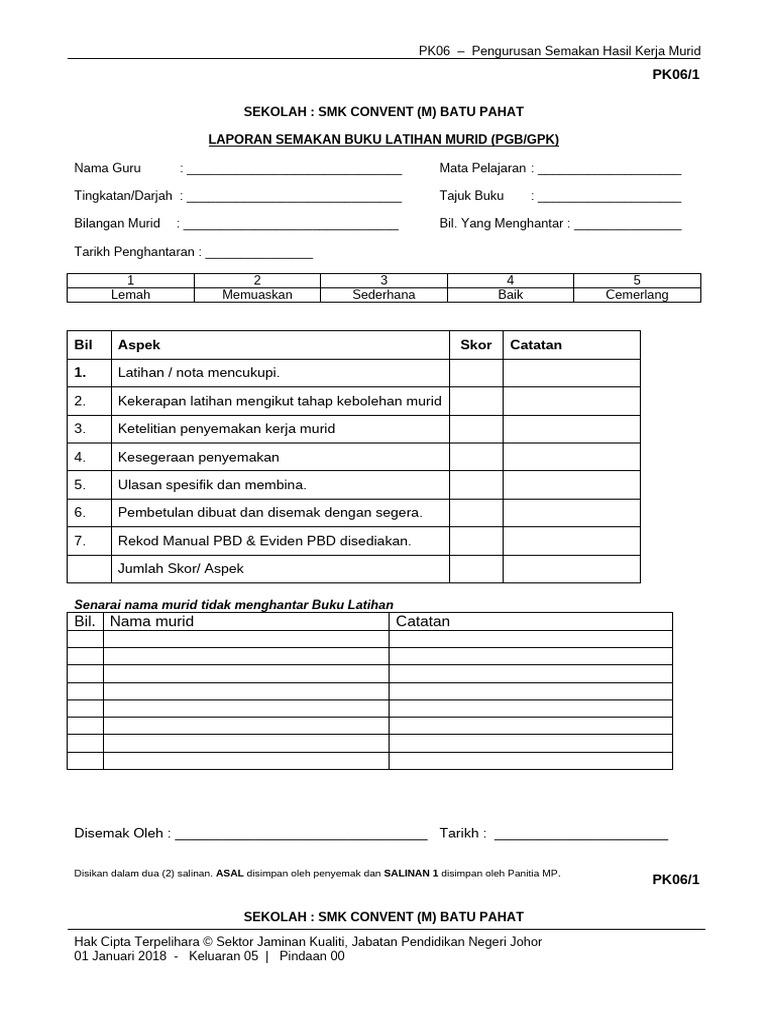 PK06 1 Laporan Semakan Hasil Kerja Murid | PDF | Karier & Perkembangan