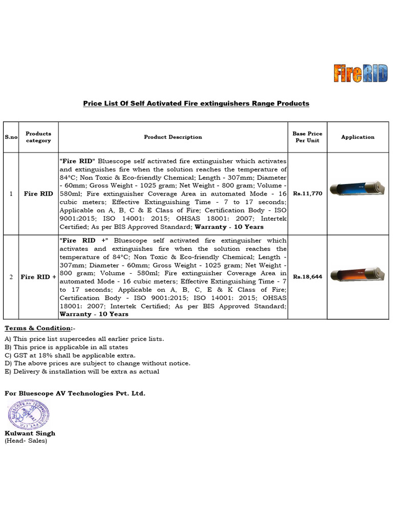 Price List - Self Activated Fire Extinguishing System | PDF | Home ...