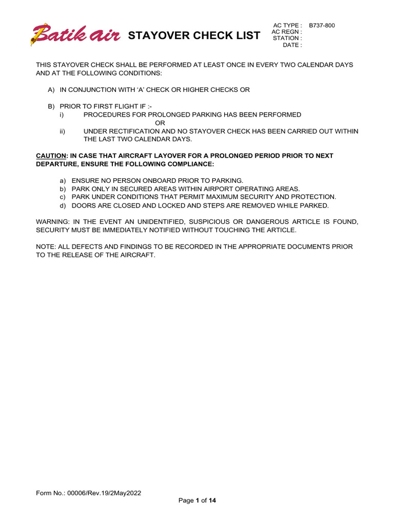 B737-800 Stayover Check Procedures | PDF | Landing Gear | Tire