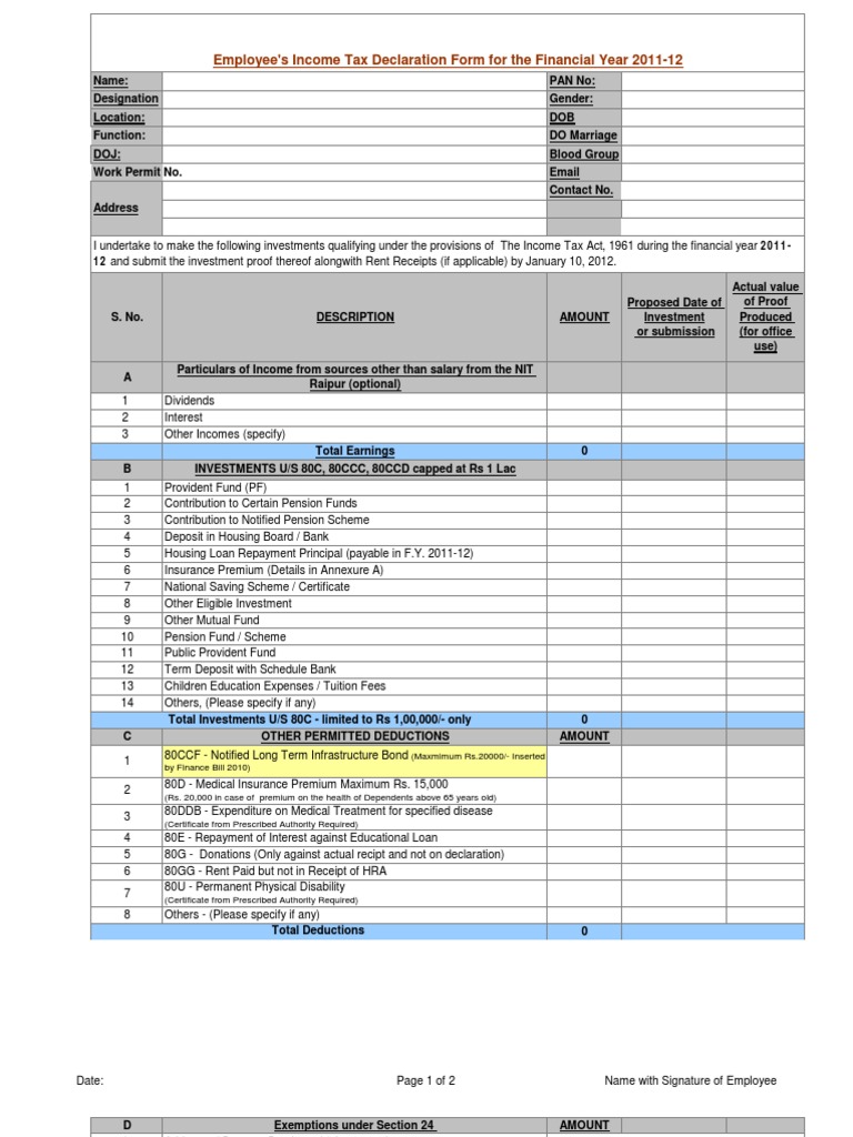 IT Declaration Format | PDF | Income Tax In India | Pension