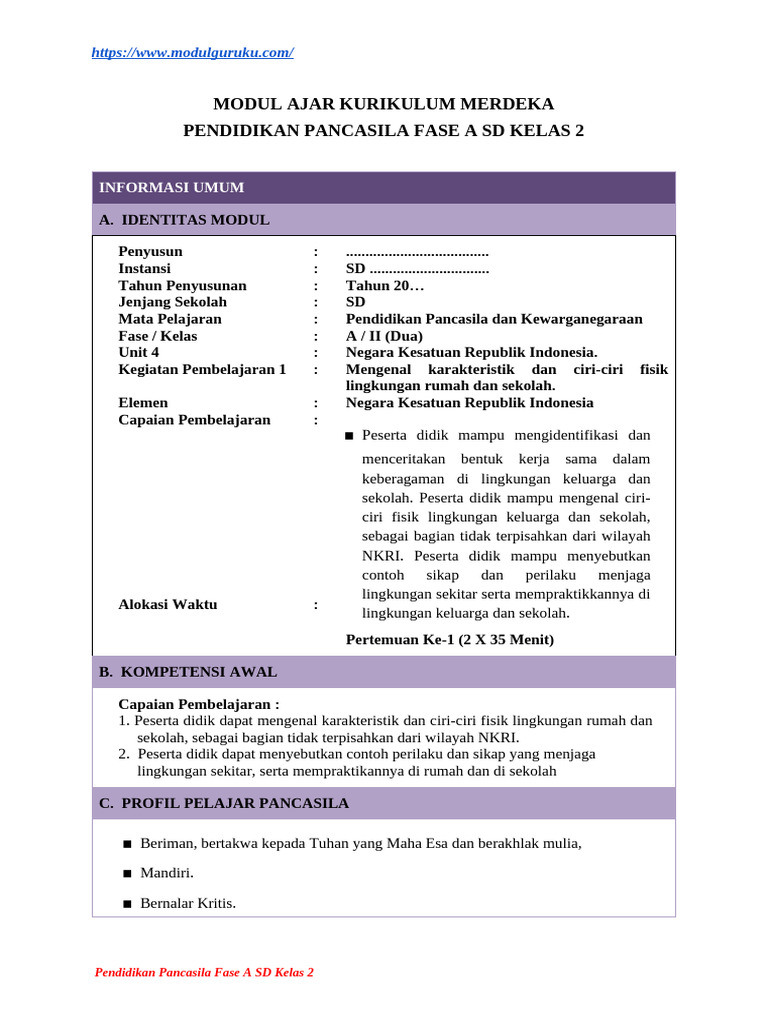 Modul Ajar PPKN Kelas 2 Unit 4 | PDF