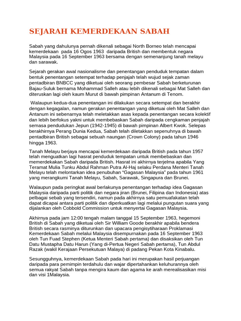 Sejarah Kemerdekaan Sabah | PDF