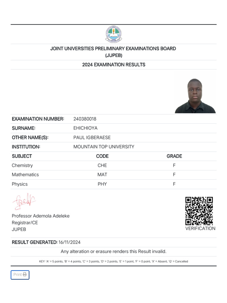 JUPEB - Results | PDF