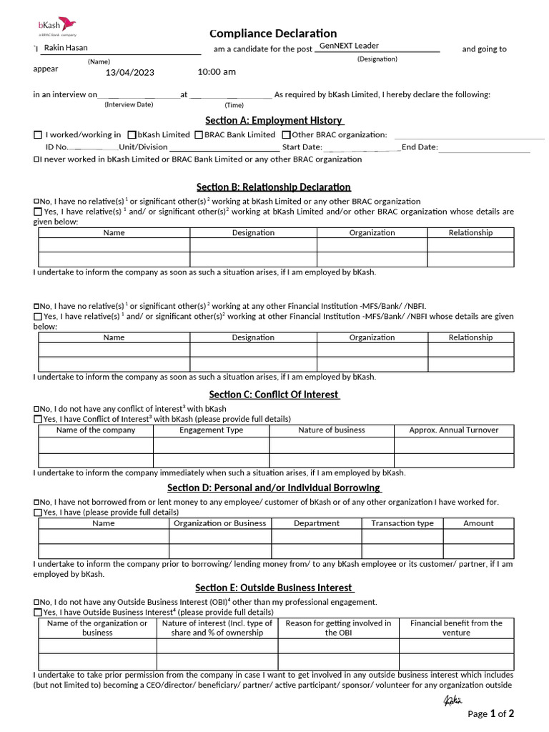 Compliance Declaration Form - Rakin Hasan | PDF | Economies | Business