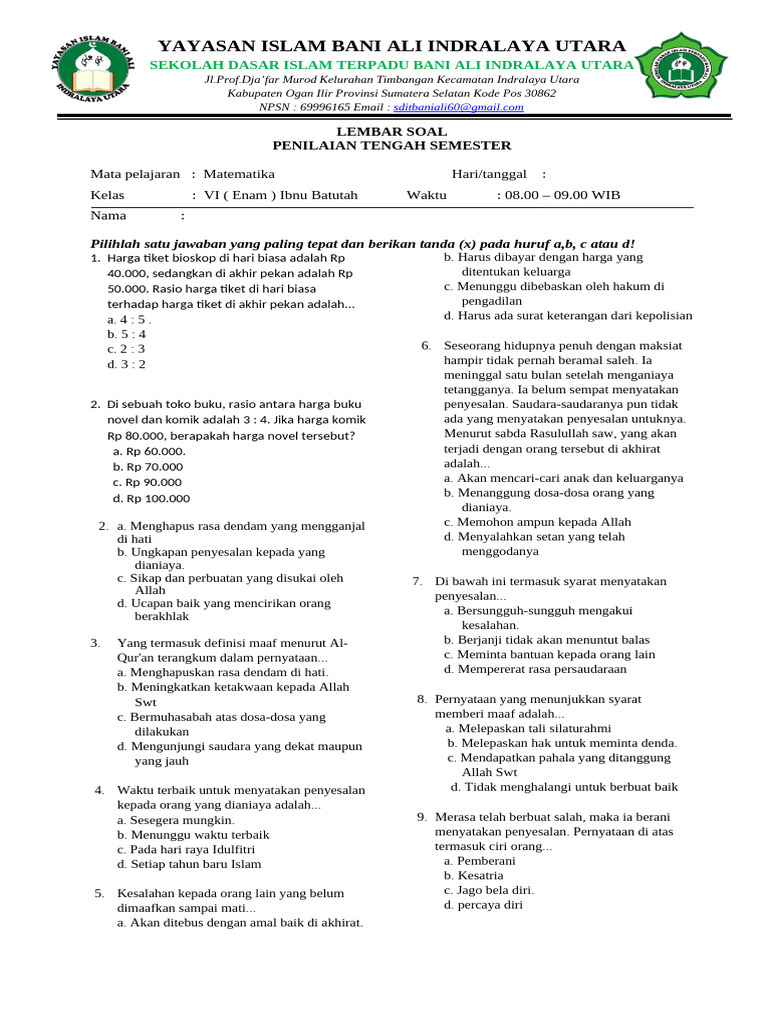 UTS MTK Kelas VI | PDF