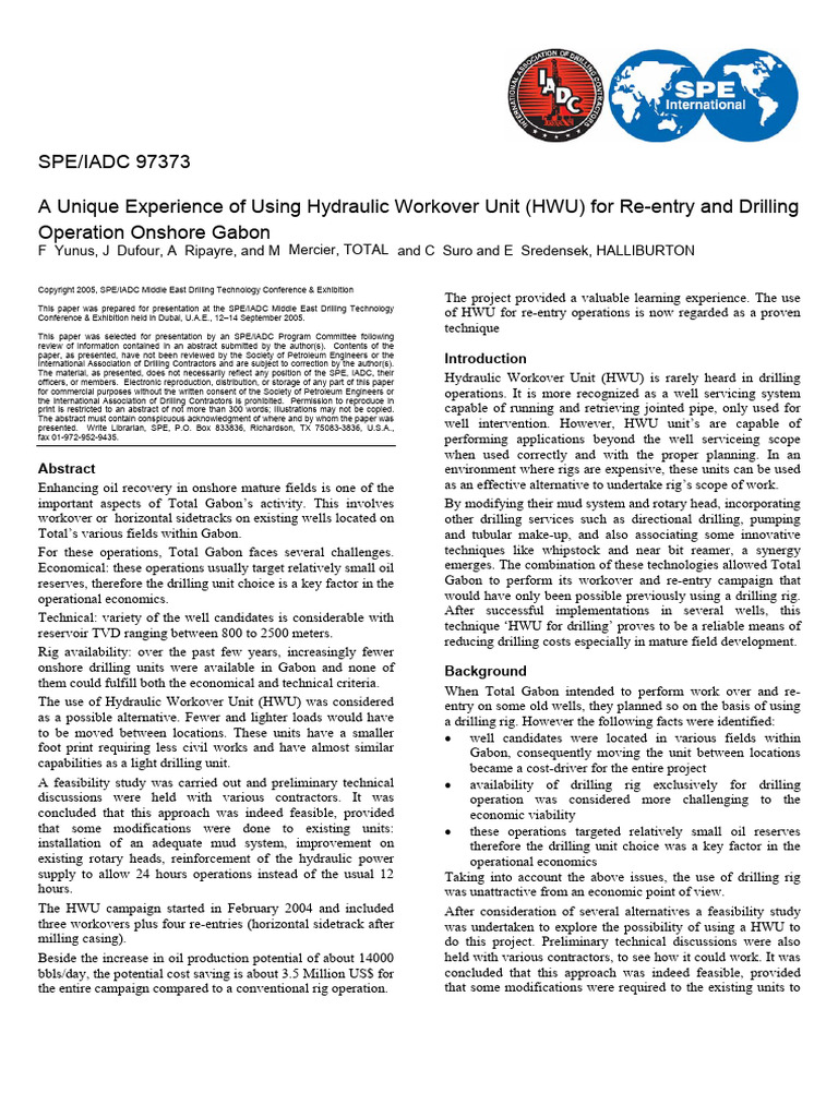 SPE/IADC 97373 A Unique Experience of Using Hydraulic Workover Unit ...