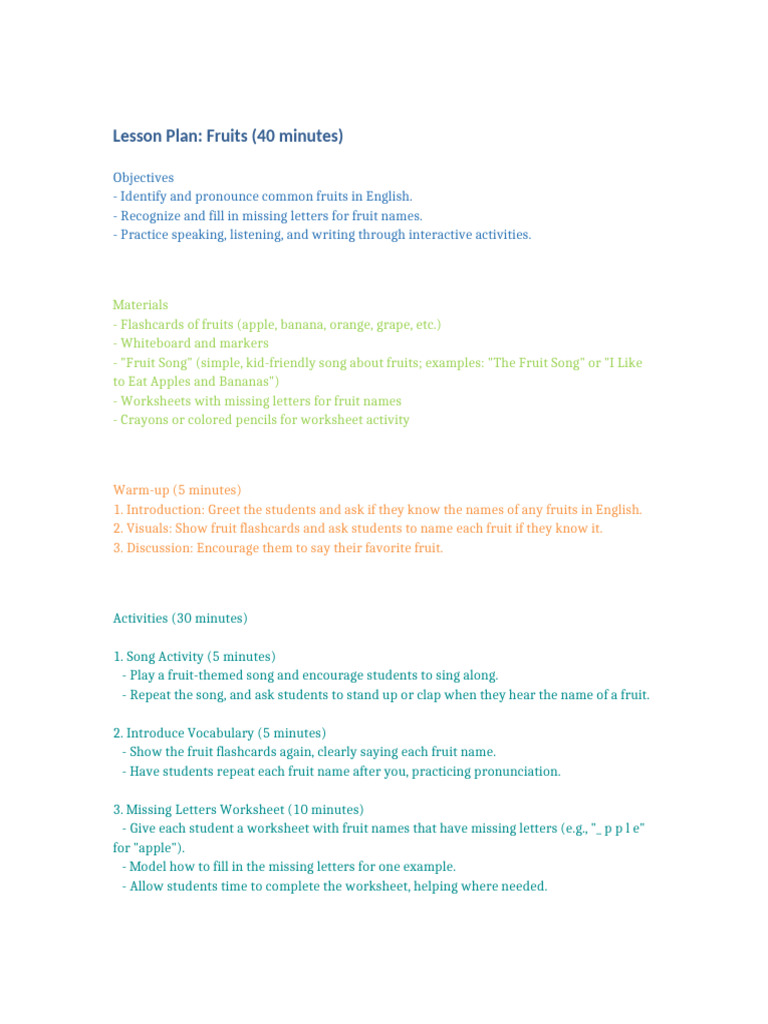 Fruit Lesson Plan Colored Text | PDF | Home & Garden