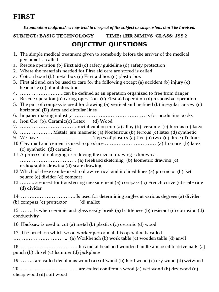 JSS2 First Term Basic Tech Examination | PDF | Electrical Resistance And Conductance | Materials ...