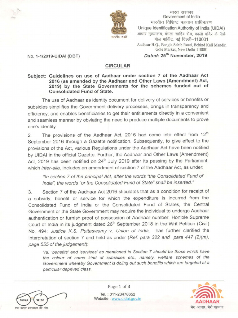 UIDAI Circular Guidelines On Use of Aadhaar Section 7 of The Aadhaar ...