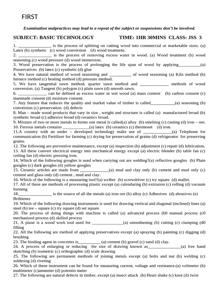 JSS3 First Term Basic Tech Examination | PDF | Wood | Materials