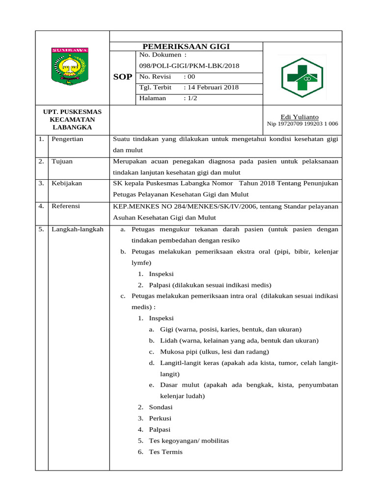 98 Sop Pemeriksaan Gigi | PDF