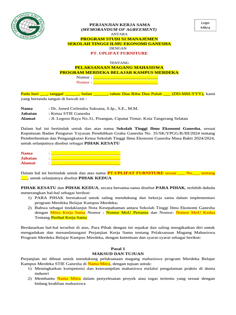 Draft MOA Magang STIE Ganesha 2024 | PDF | Pengelolaan Keuangan & Uang